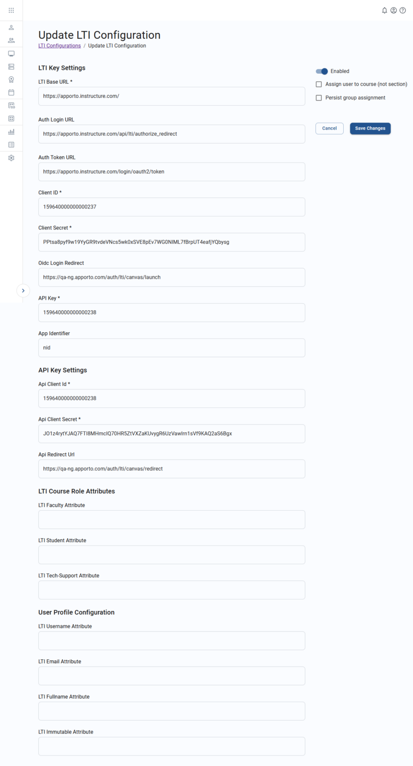 Configuring Learning Tools Interoperability (LTI) settings | Apporto